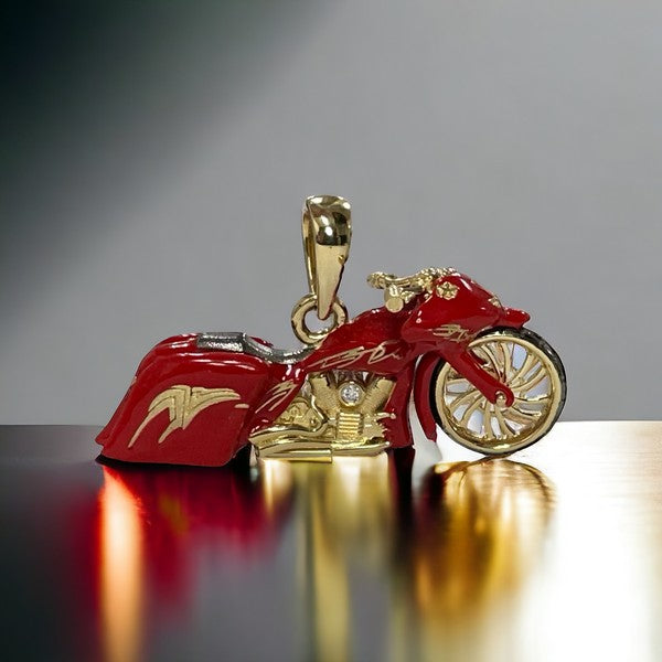 14k YG motorcycle pendant with red enamel and a diamond breather ...